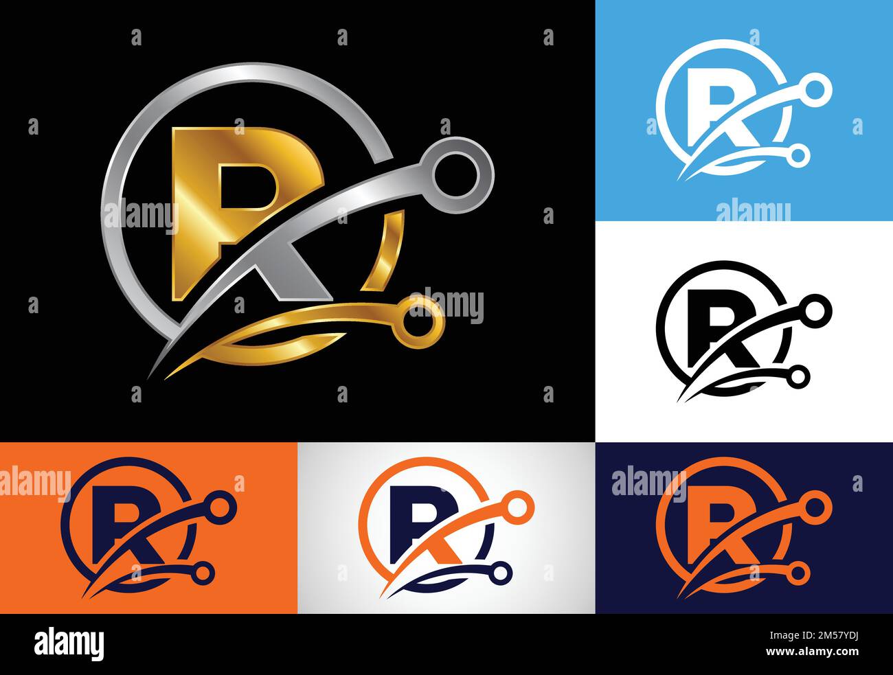 Initial R monogram alphabet in a circle with a technology sign symbol ...