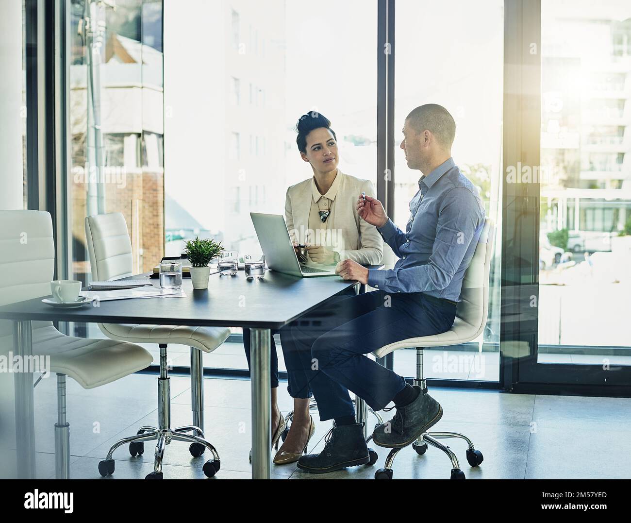 Two heads are better than one. two colleagues meeting in their office ...