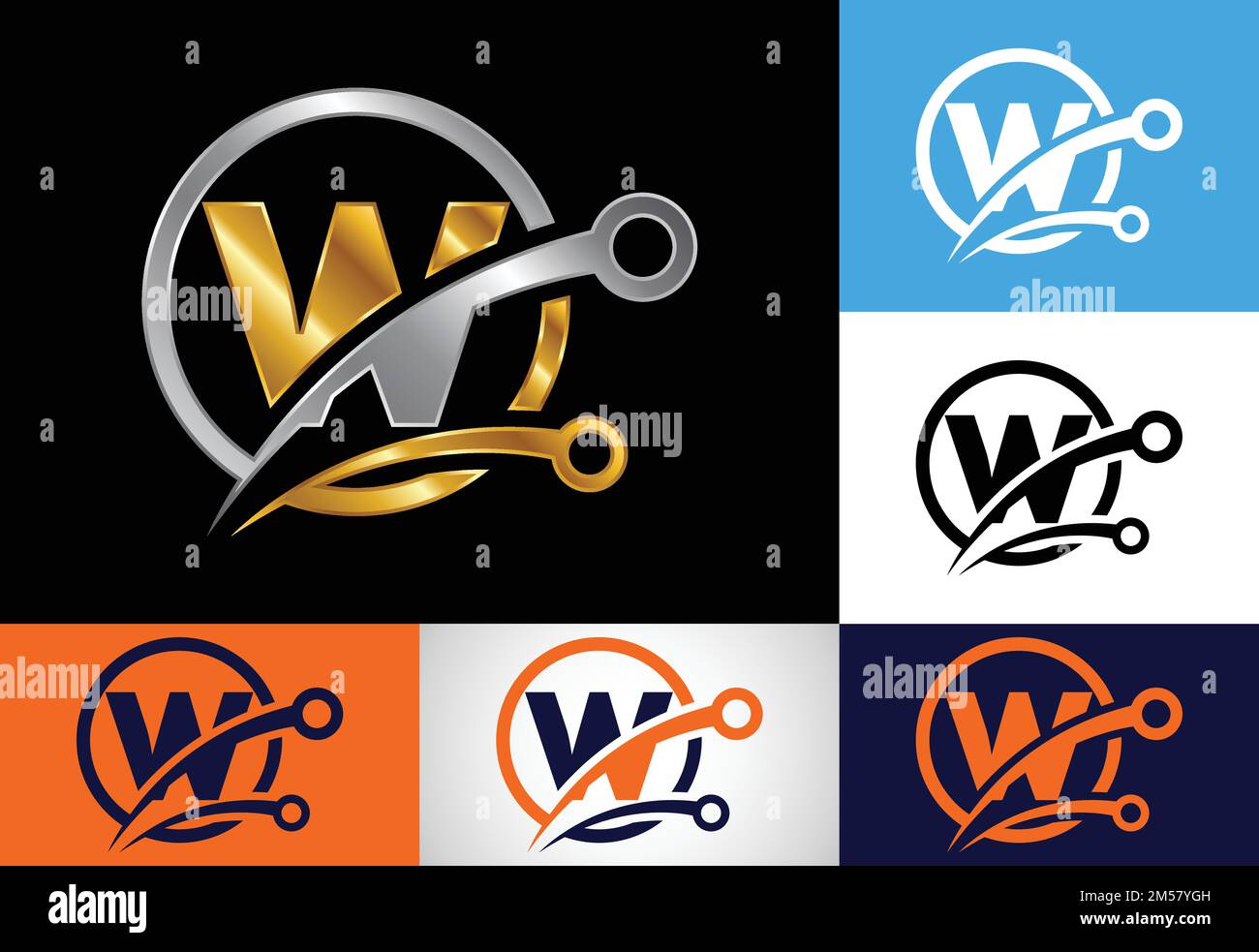 Initial W monogram alphabet in a circle with a technology sign symbol ...
