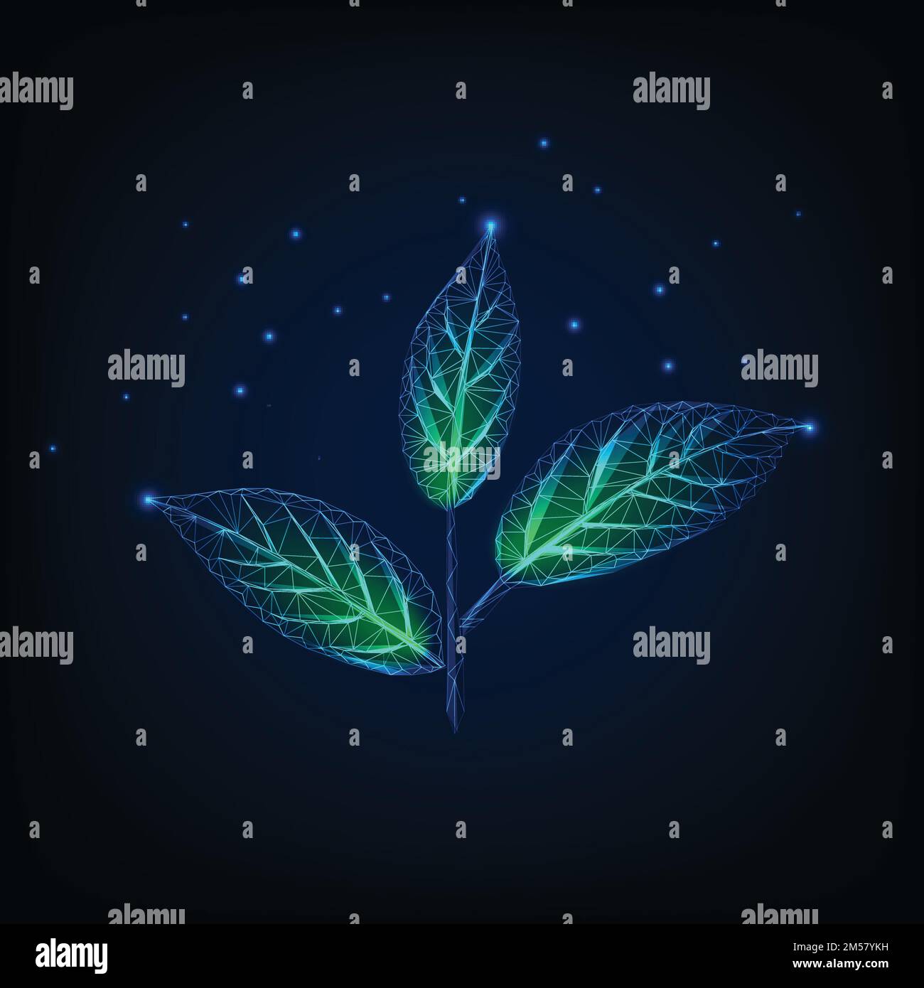 Glowing plant with stem and green leaves made of lines, dots, triangles ...