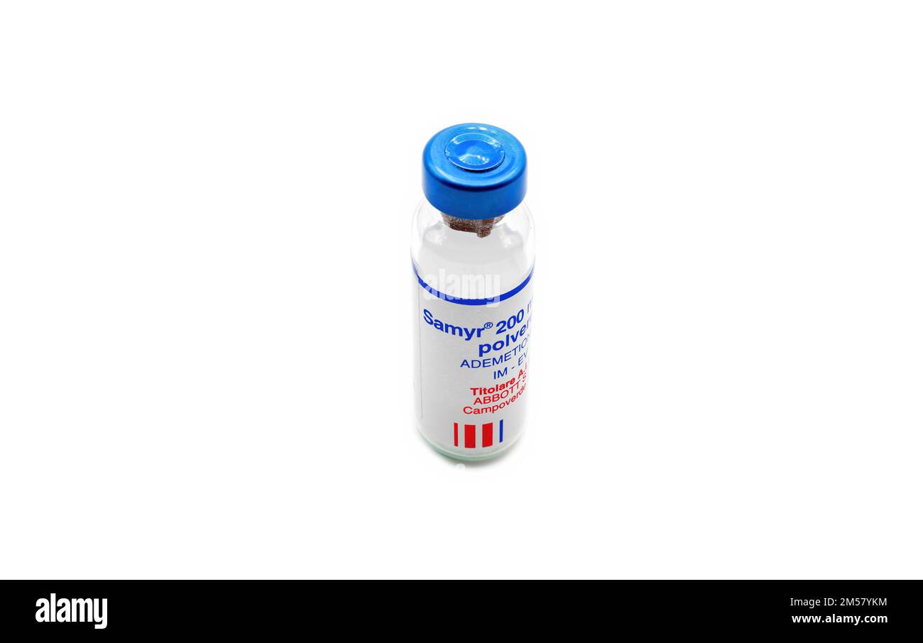 02-25-2022, Madrid, Spain, a vial of ademetionine, Samyr trademark on a ...