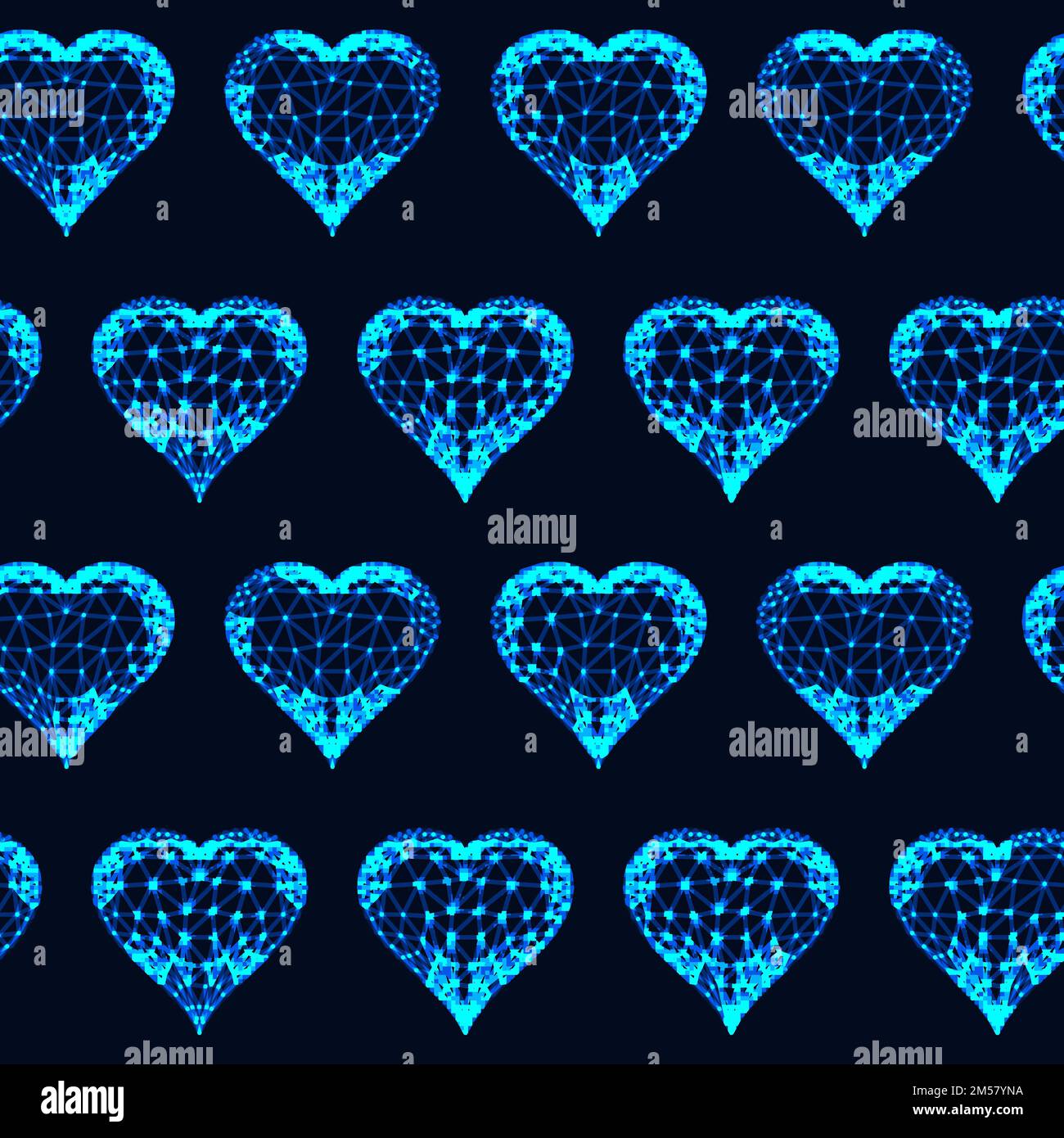 Seamless pattern with glowing low polygonal hearts on dark blue ...