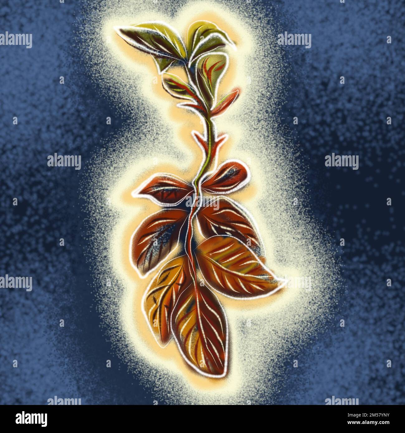 An elegant twig with brown leaves on a dark background with ...