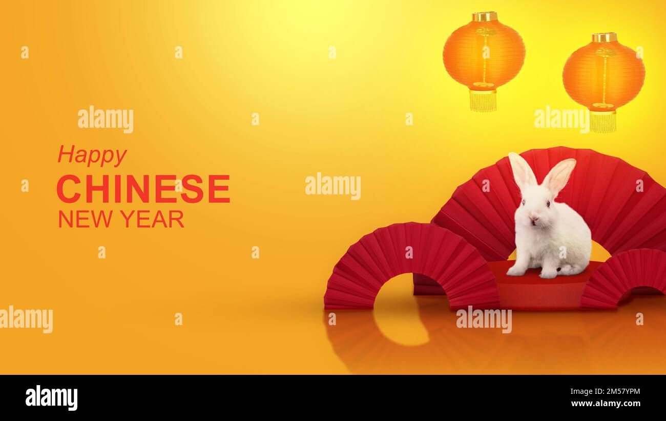 Rabbit with red Chinese fan texture on a colored background. Happy ...