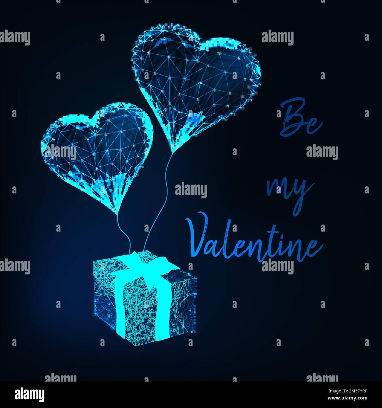 Valentine Day greeting card template with glowing low poly gift box, heart shape balloons and ...