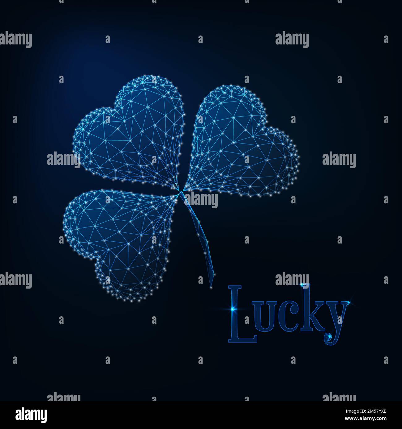 Glowing low poly shamrock with three leaves mades of lines, stars ...