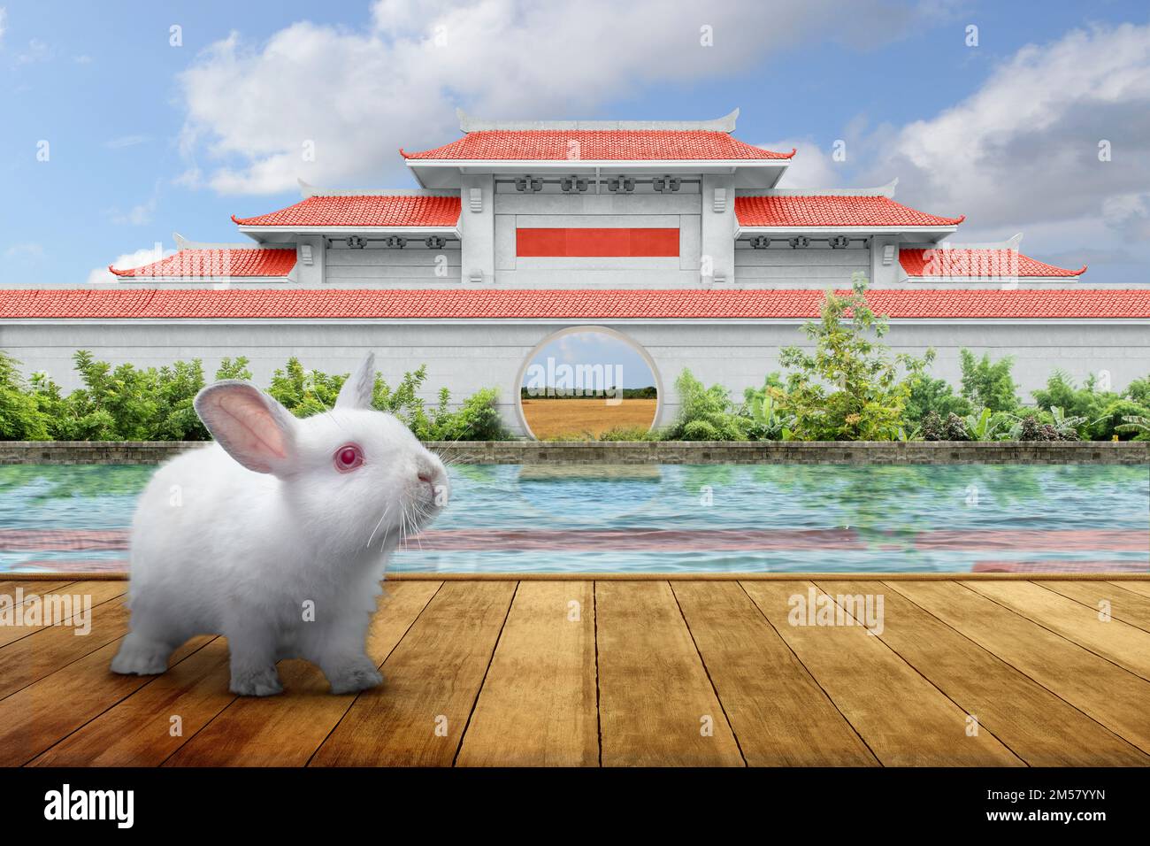 Rabbit on the table with a Chinese pavilion gate with a red roof and ...