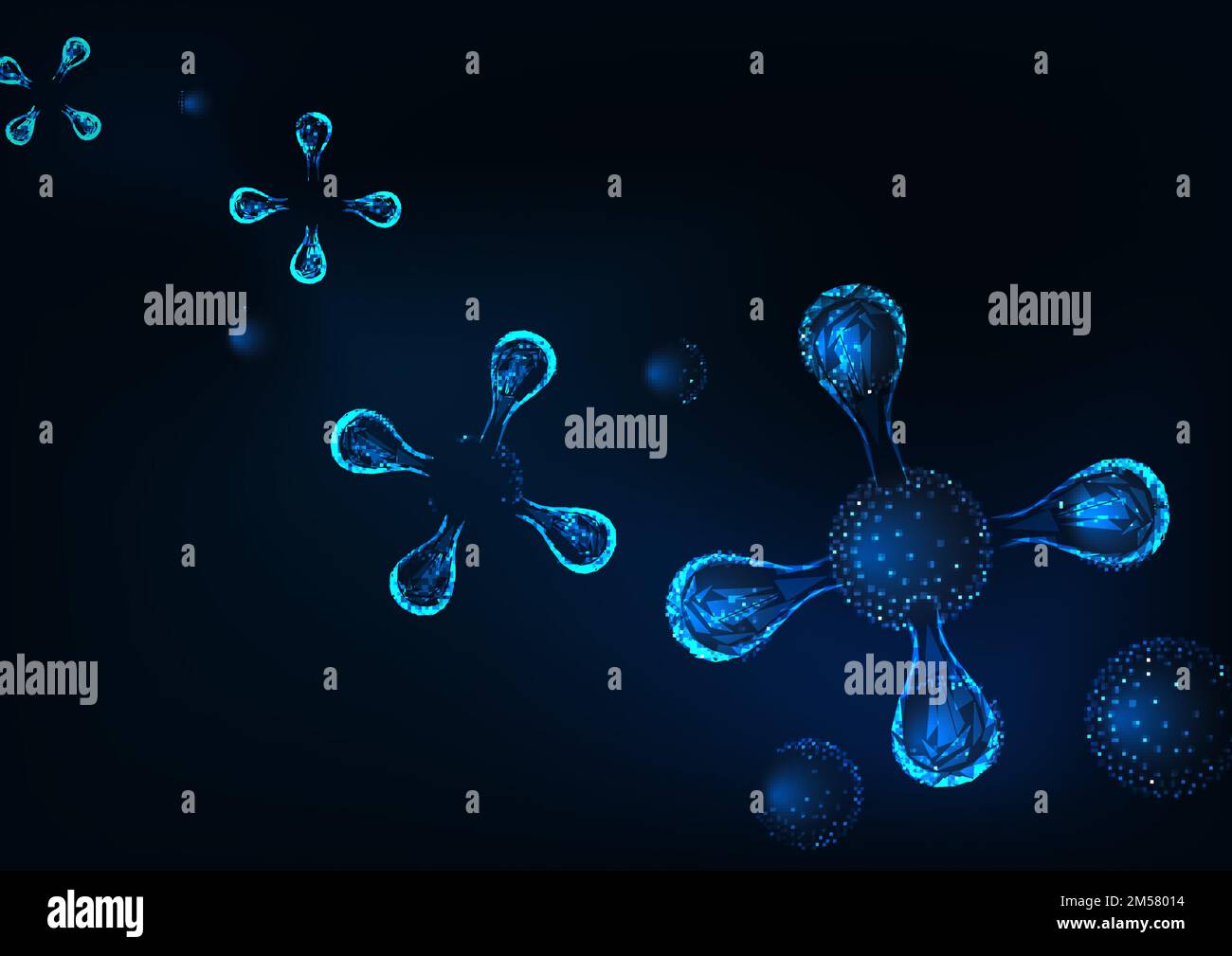 Scientific abstract background with glowing tetrahedral molecule structures on dark blue ...