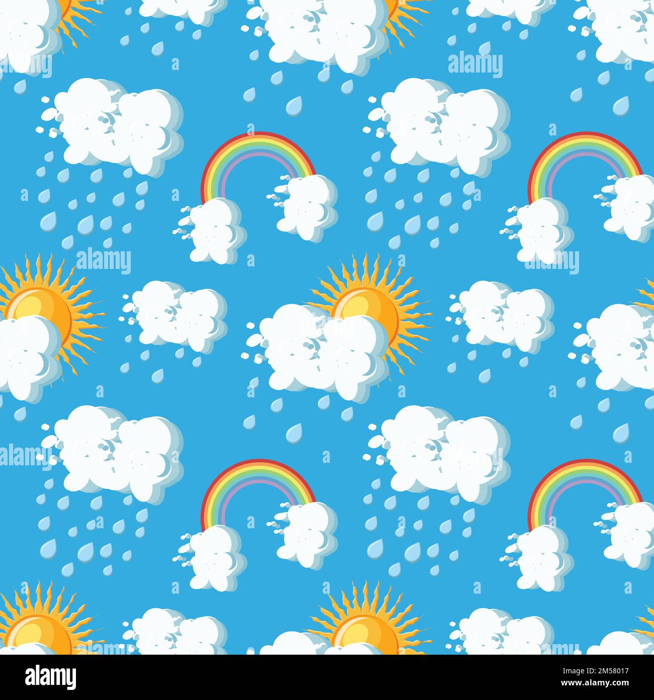 Summer weather seamless pattern with sun, clouds, rain and rainbow on ...