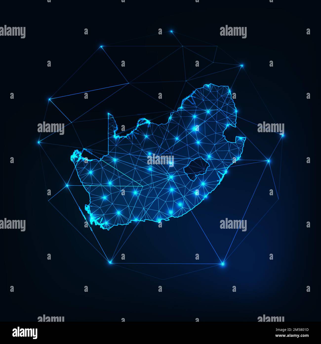 South Africa map glowing silhouette outline made of stars lines dots triangles, low polygonal ...