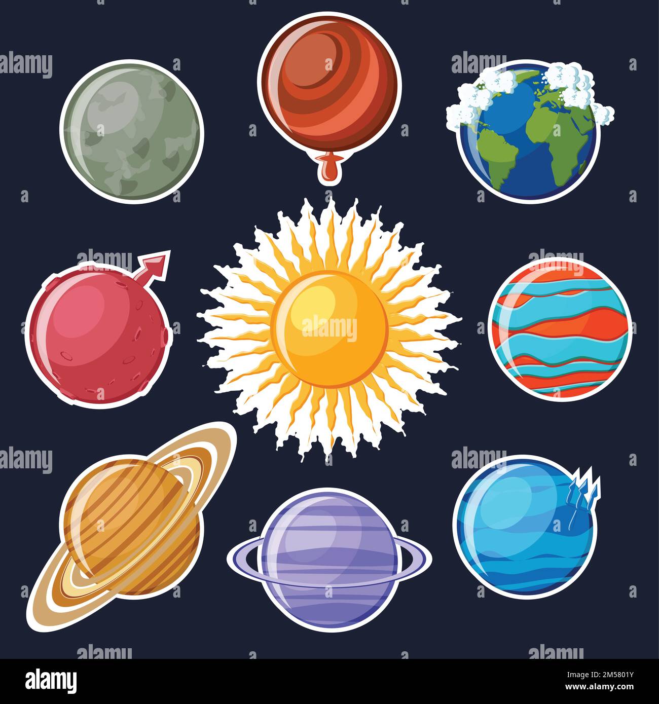Solar system sticker set. Cute cartoon planets Mercury, Venus, Earth, Mars, Jupiter, Saturn ...