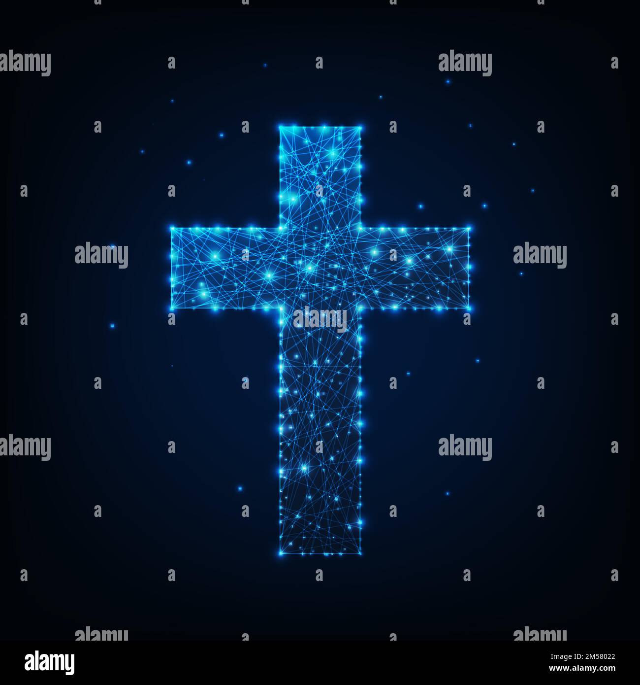Glowing low polygonal religious christian cross made of lines, stars ...