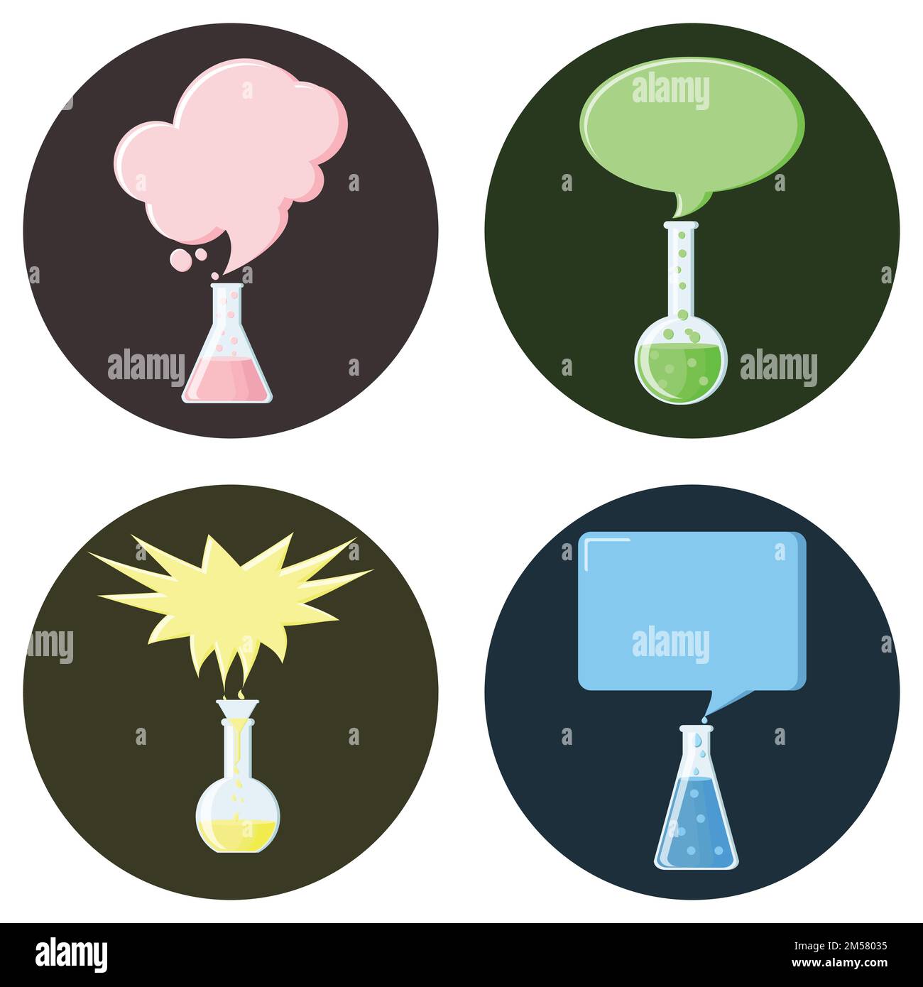 Flasks with speech bubbles set of icons. Vector illustration in flat ...