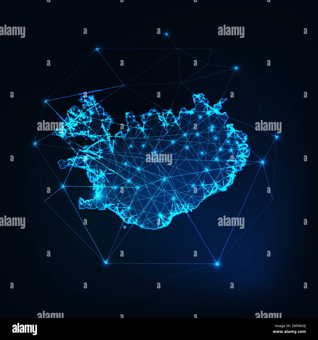 Iceland map glowing silhouette outline made of stars lines dots ...