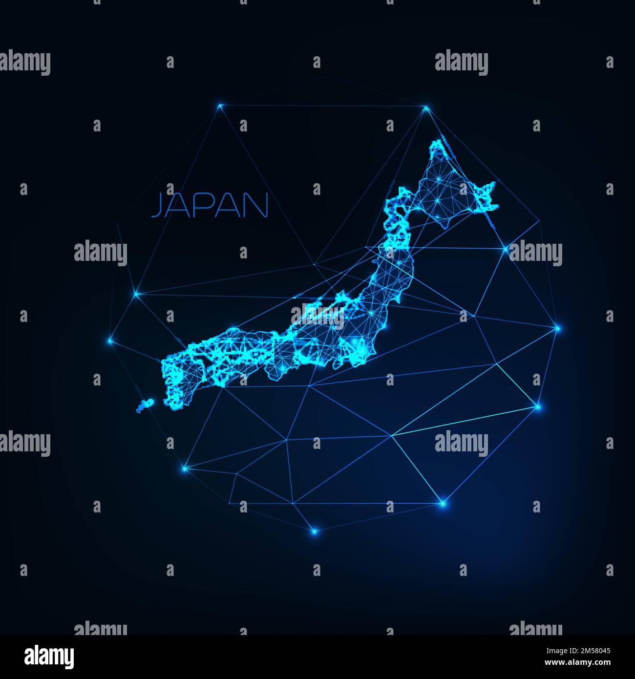 Japan map glowing silhouette outline made of stars lines dots triangles ...