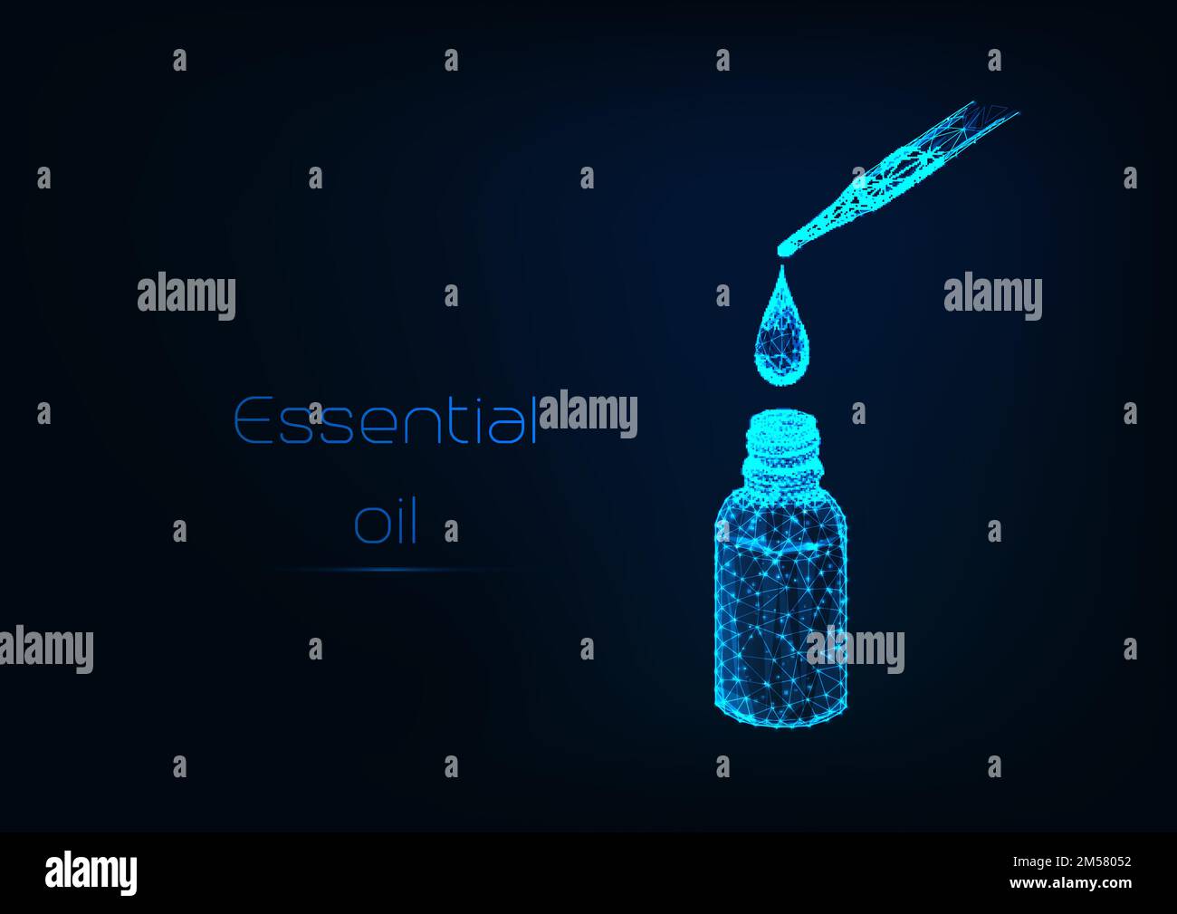 Glowing low polygonal drop of essential oil falls from a pipette into a ...