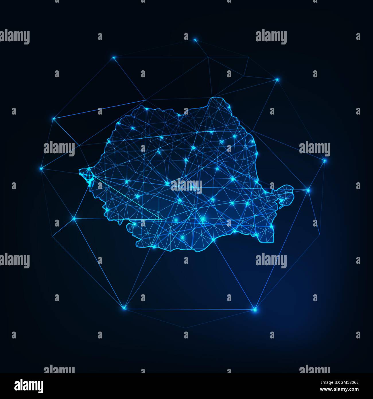 Romania map glowing silhouette outline made of stars lines dots ...