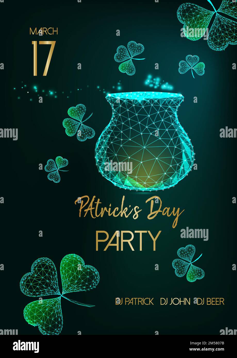 Saint Patricks Day party invitation flyer template with glow low poly ...