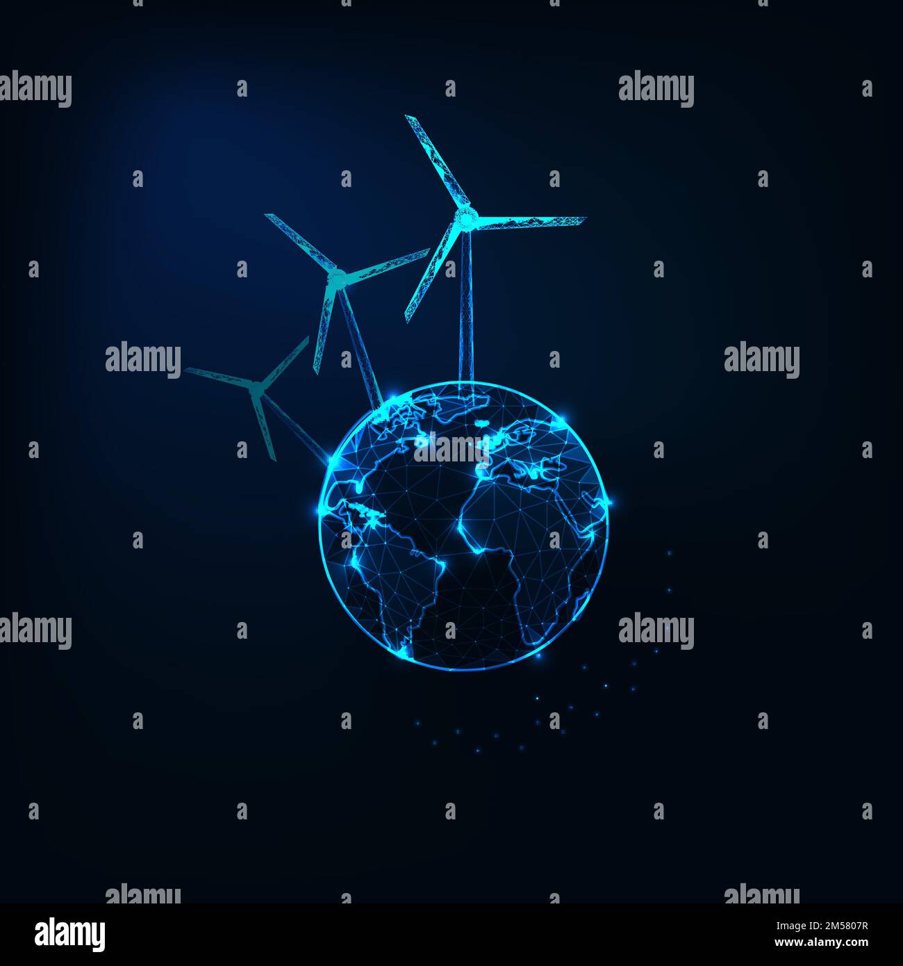 Glowing low polygonal Earth planet globe with wind turbines on dark ...