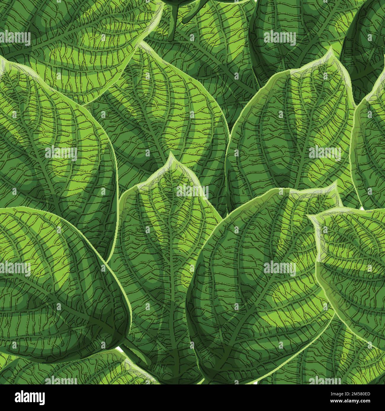 Vibrant textured green leaves with veins seamless pattern. Ecology ...