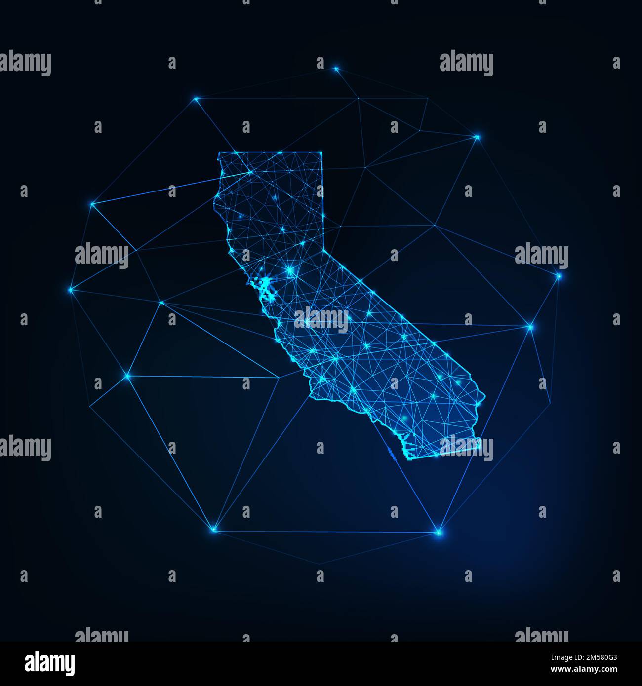 California state USA map glowing silhouette outline made of stars lines ...