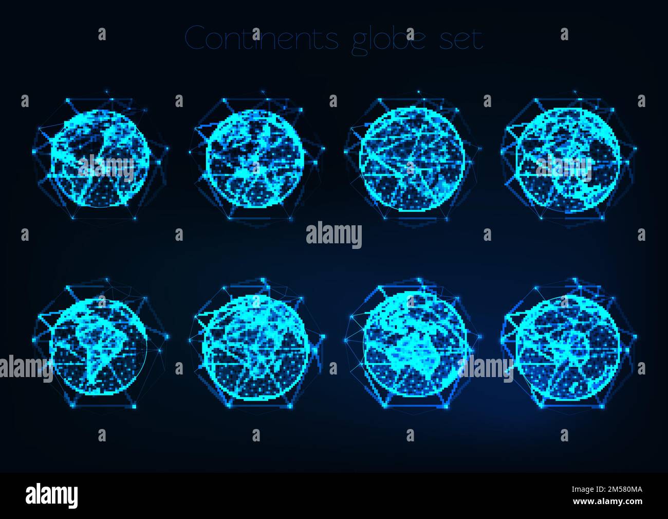 Set of glowing low polygonal globes shows planet Earth with different ...