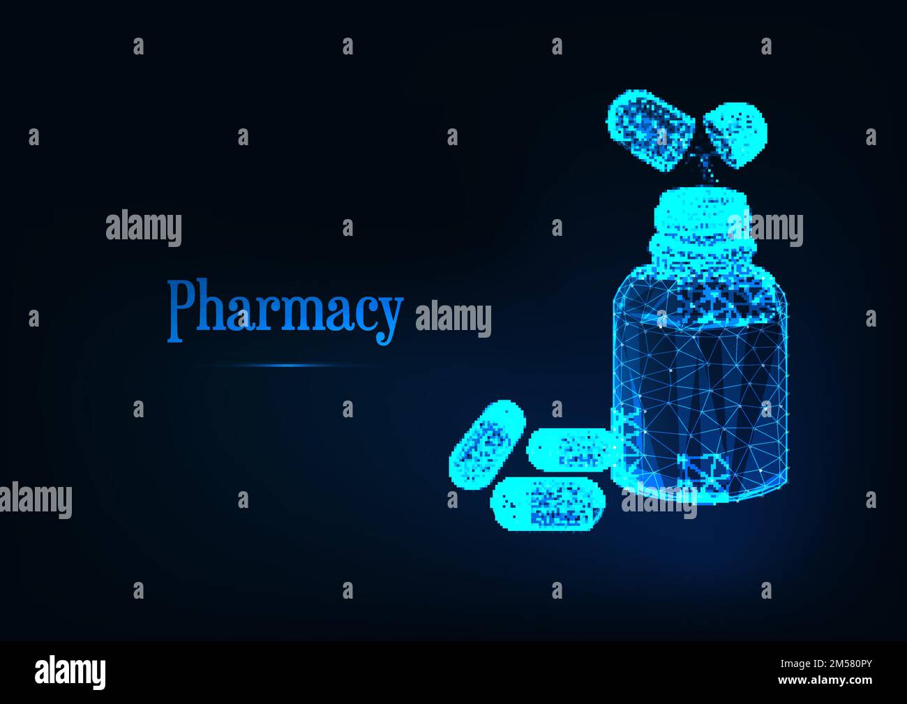 Futuristic pharmacy concept with glowing low polygonal medicine bottle ...