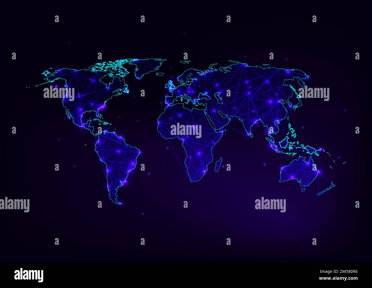 World map mesh with continents outline made of lines, dots, stars ...