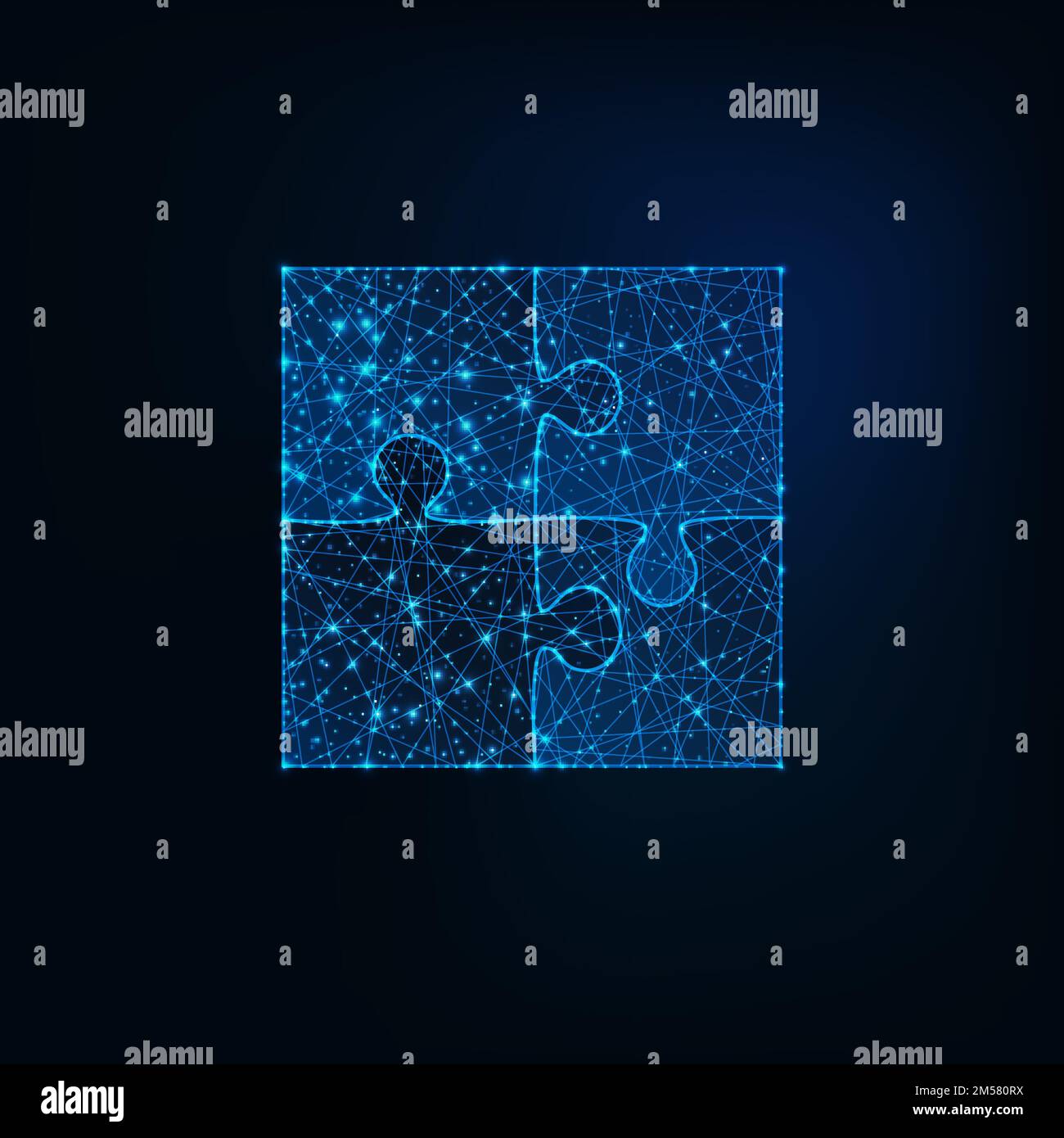 Glowing low polygonal jigsaw puzzle icon of four pieces on dark blue ...