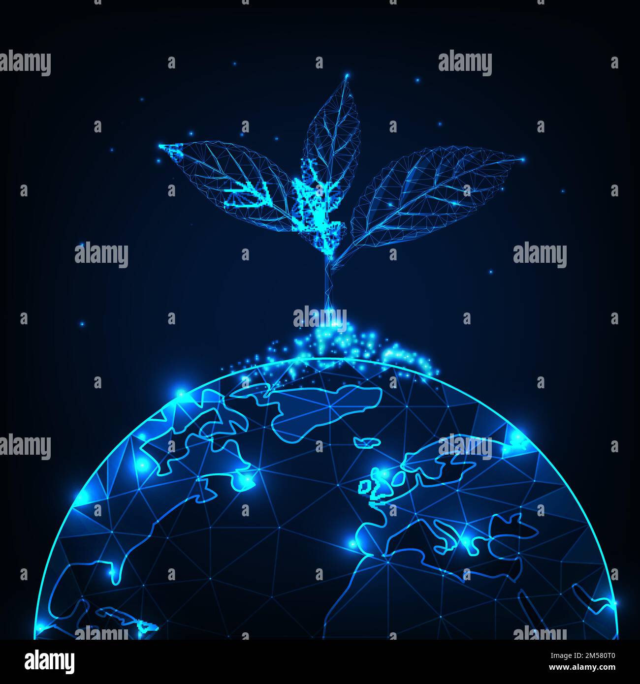 Growth and development concept with glowing low polygonal plant sprout ...