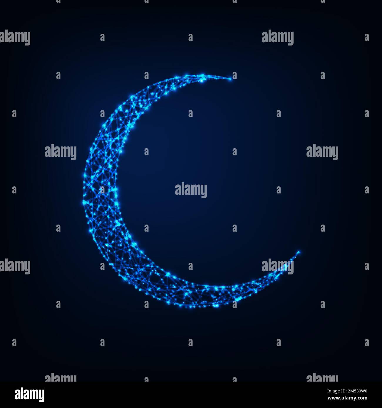Glowing low polygonal crescent moon made of stars, lines as a starry ...