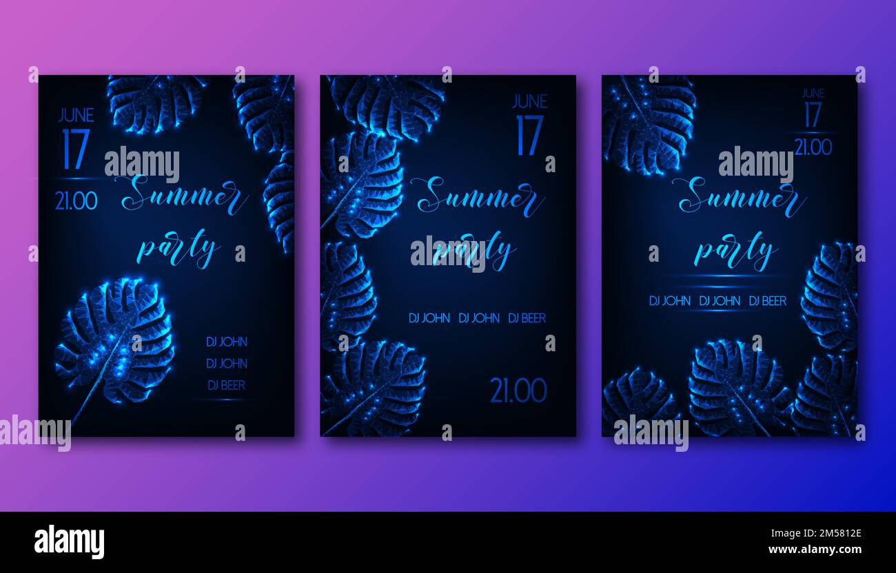 Futuristic summer party flyers set with glowing low polygonal monstera ...