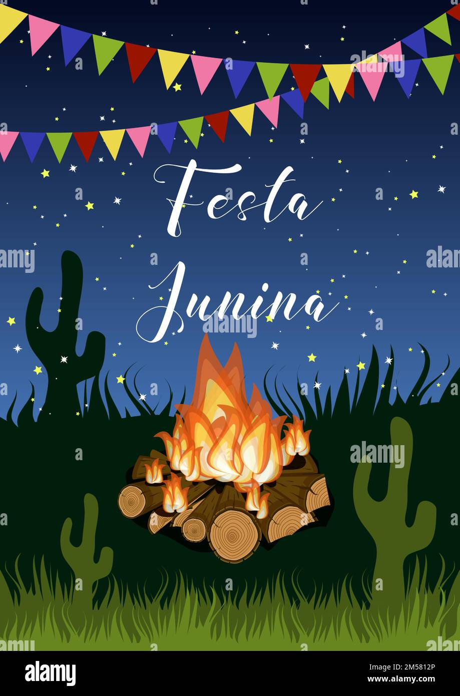 Festa junina poster template with campfire, flags garland, grass ...