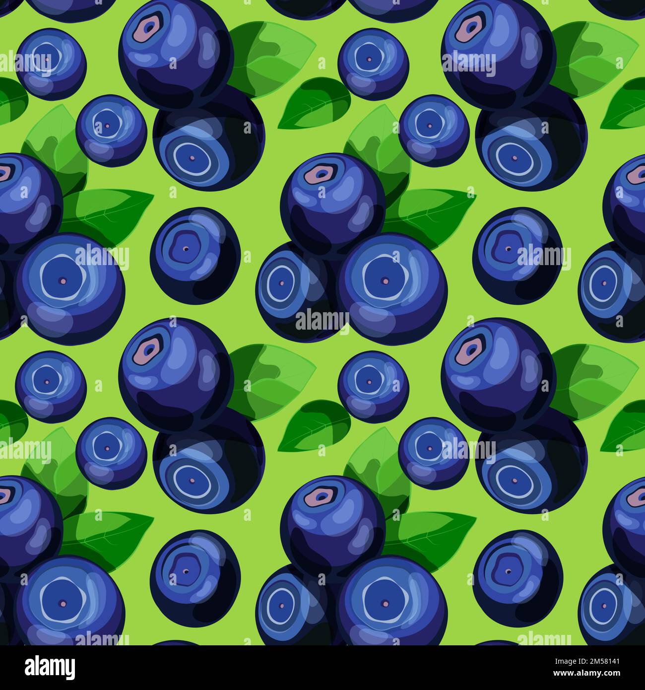 Fresh juicy blueberries with leaves on green background seamless ...