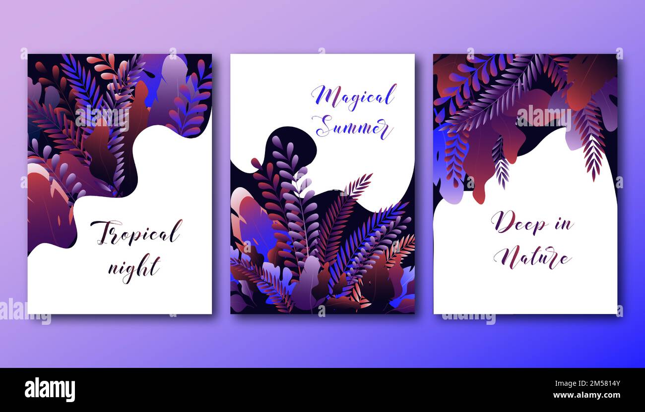 Set of posters template with bright gradient forest leaves and text ...