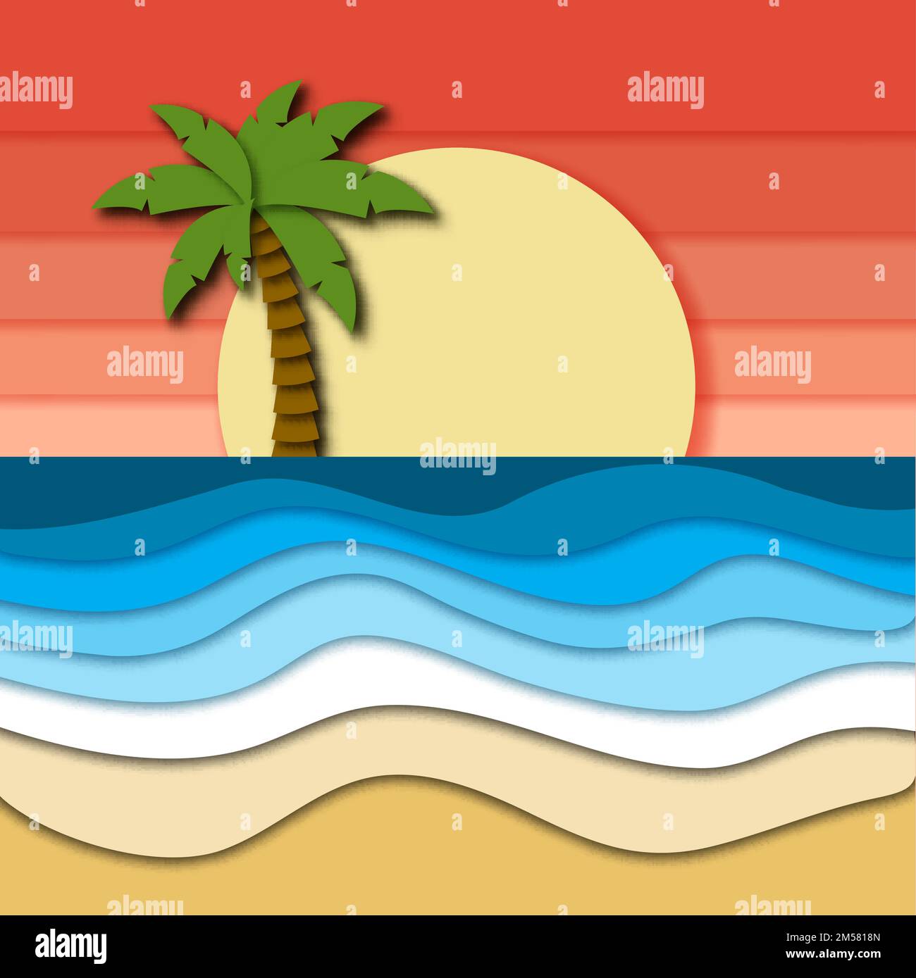 Beautiful tropical landscape with pink sky, sunset, plam tree on ...