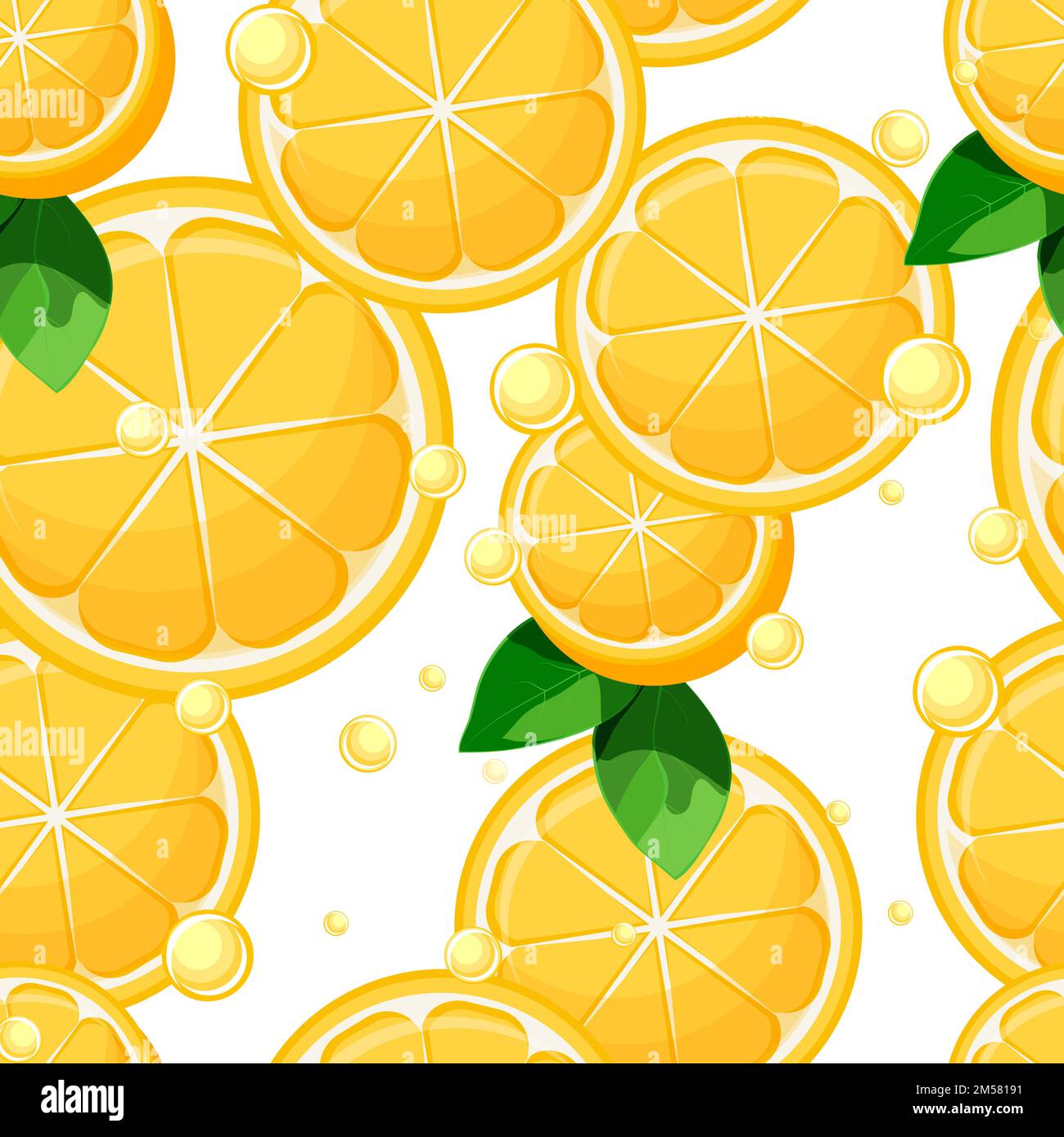 Lemon overlapping slices and halves with leaves and lemonade bubbles seamless pattern on white ...