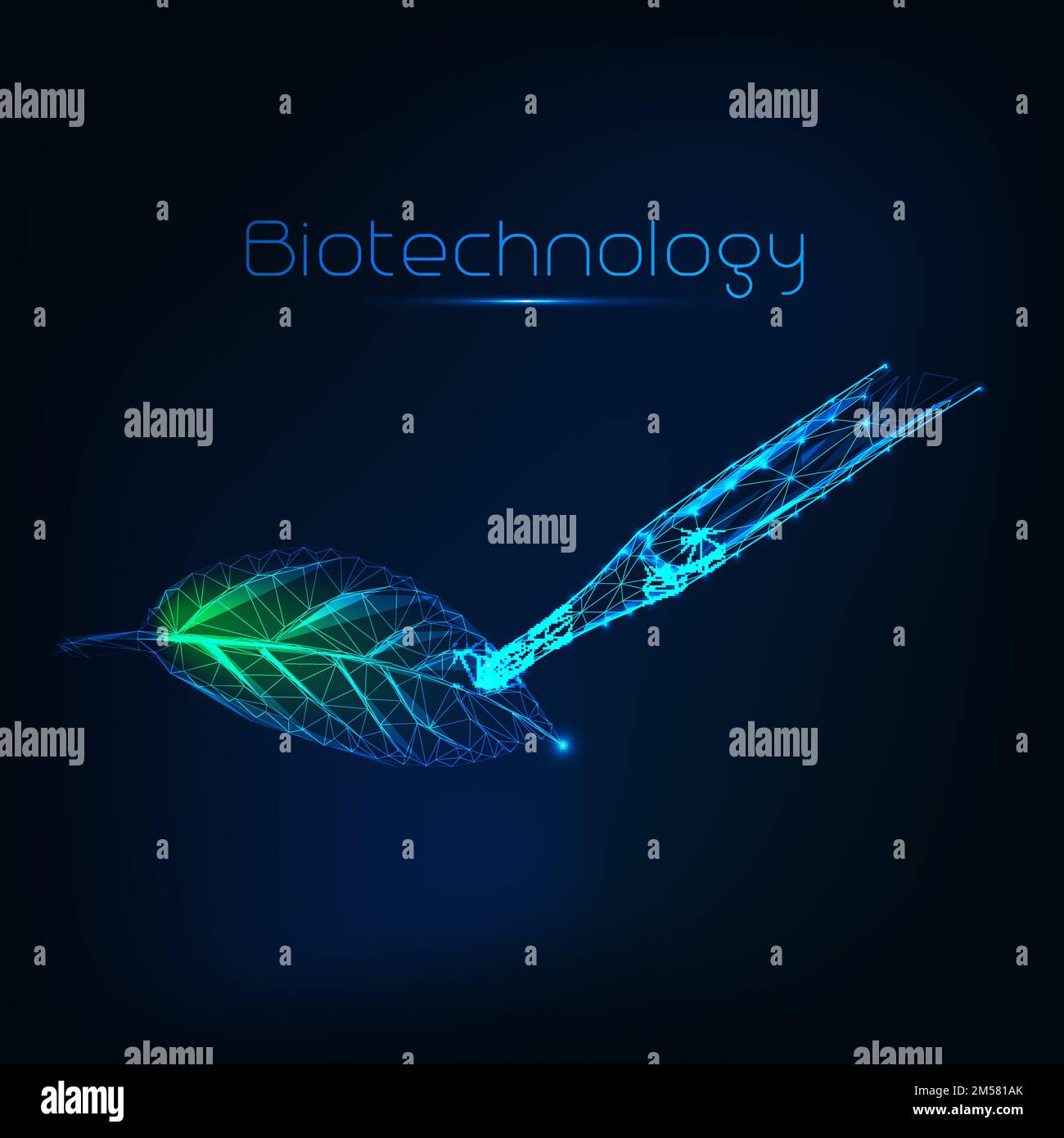 Futuristic biotechnology concept with glowing low polygonal green leaf ...