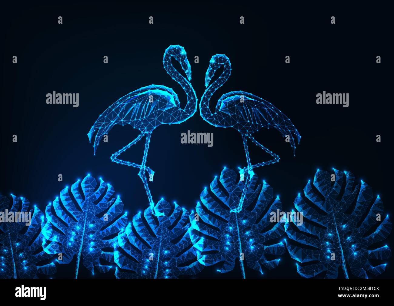 Tropical summer concept with glowing low poly couple of flamingos and ...