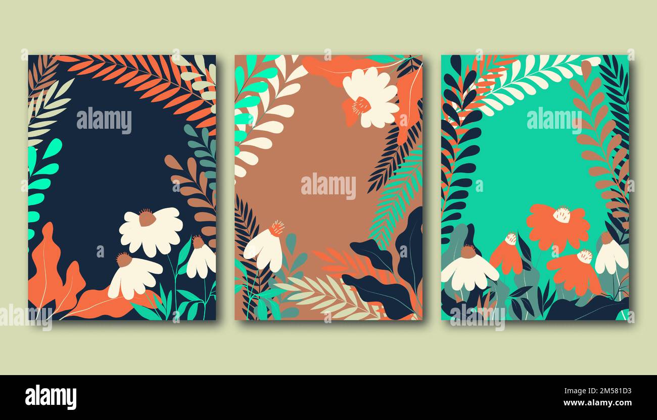 Set of summer posters template with flat chamomile flowers and various ...