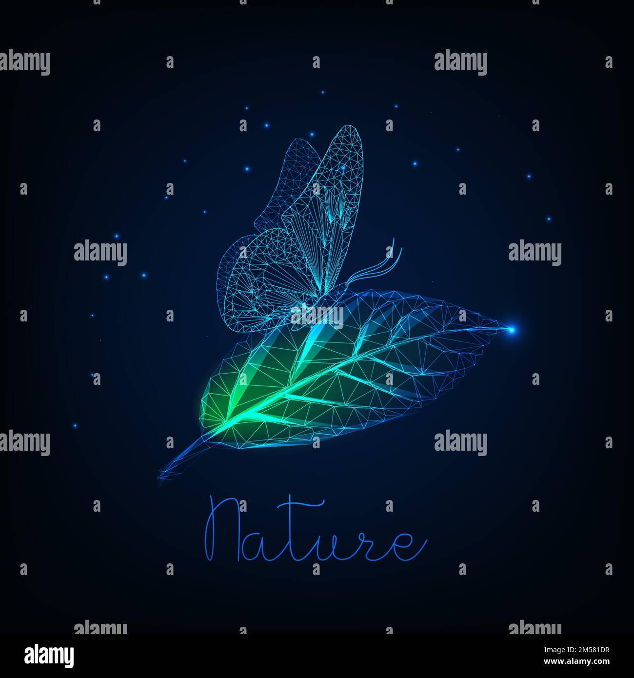 Futuristic glowing low poly butterfly sitting on green leaf and text ...