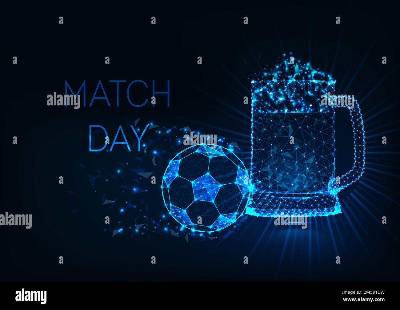 Football match day concept with glowing low poly soccer ball and beer ...