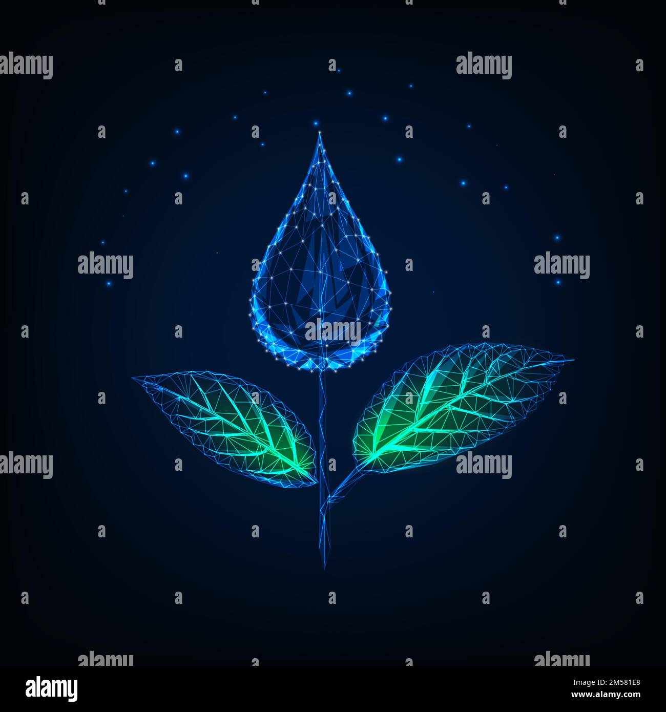 Futuristic glowing low polygonal plant made of water drop as a flower ...
