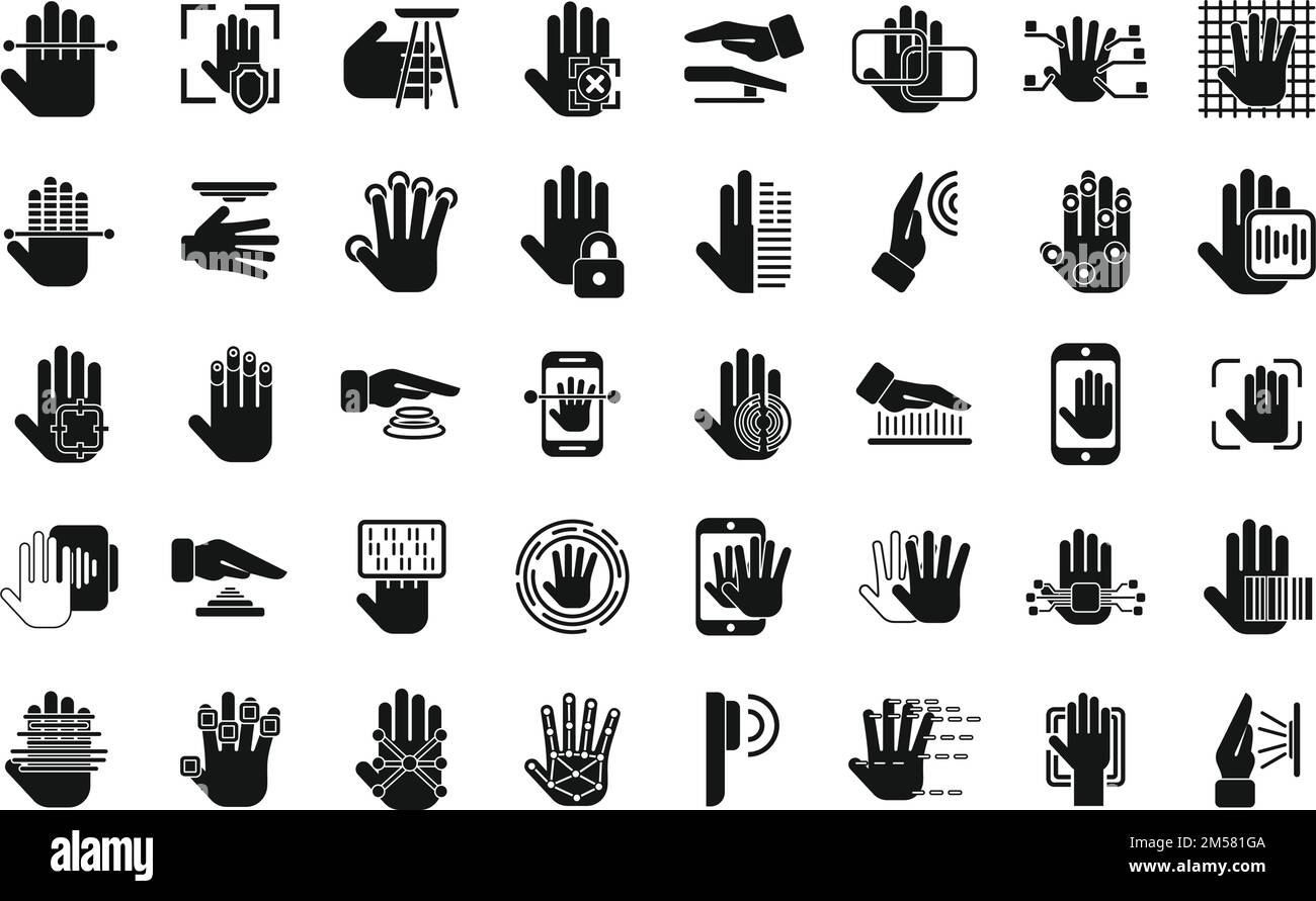 Palm scanning icons set simple vector. Biometric signature. Facial ...