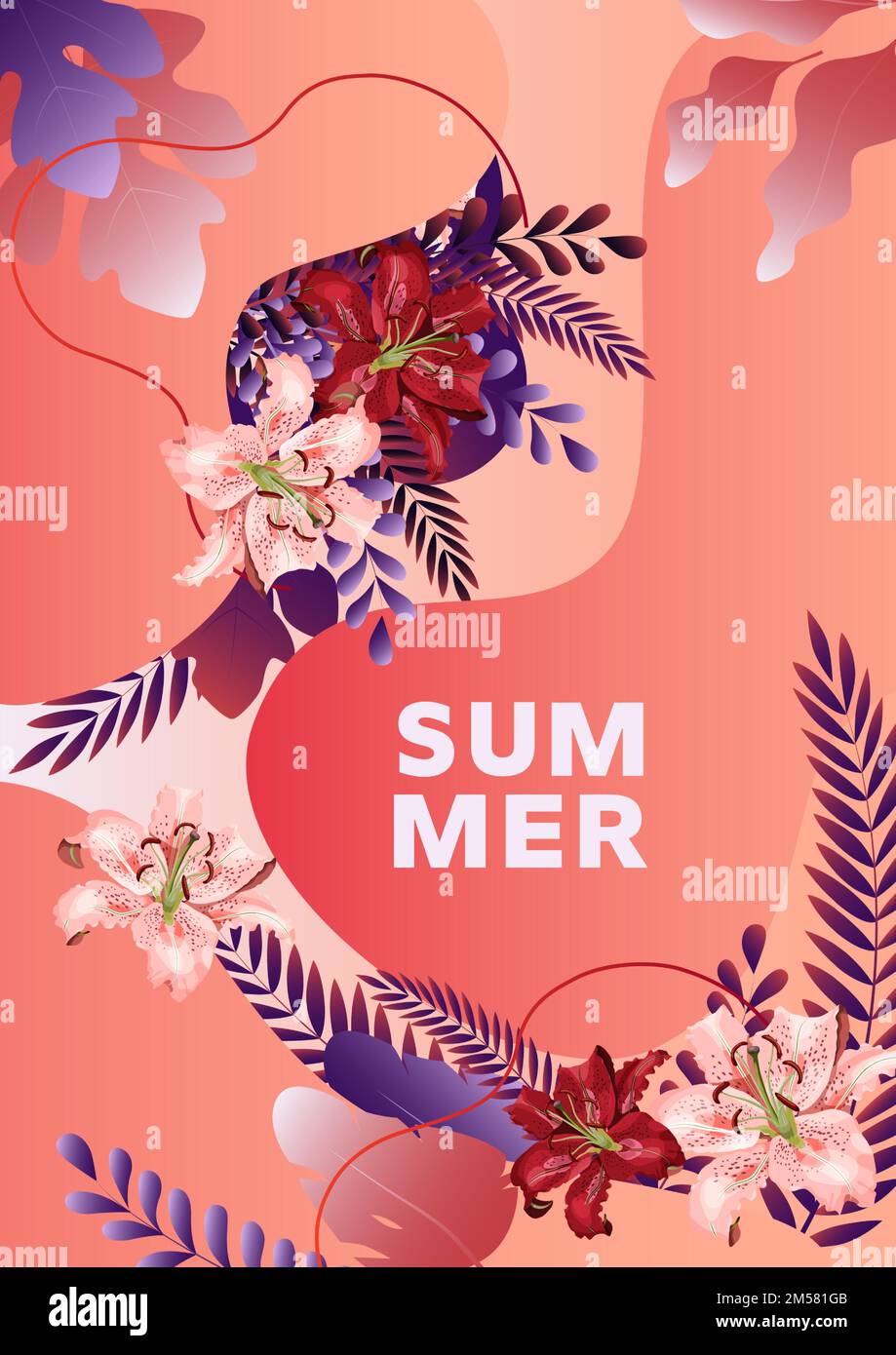 Summer poster template with bright and colorful lily flowers, leaves ...