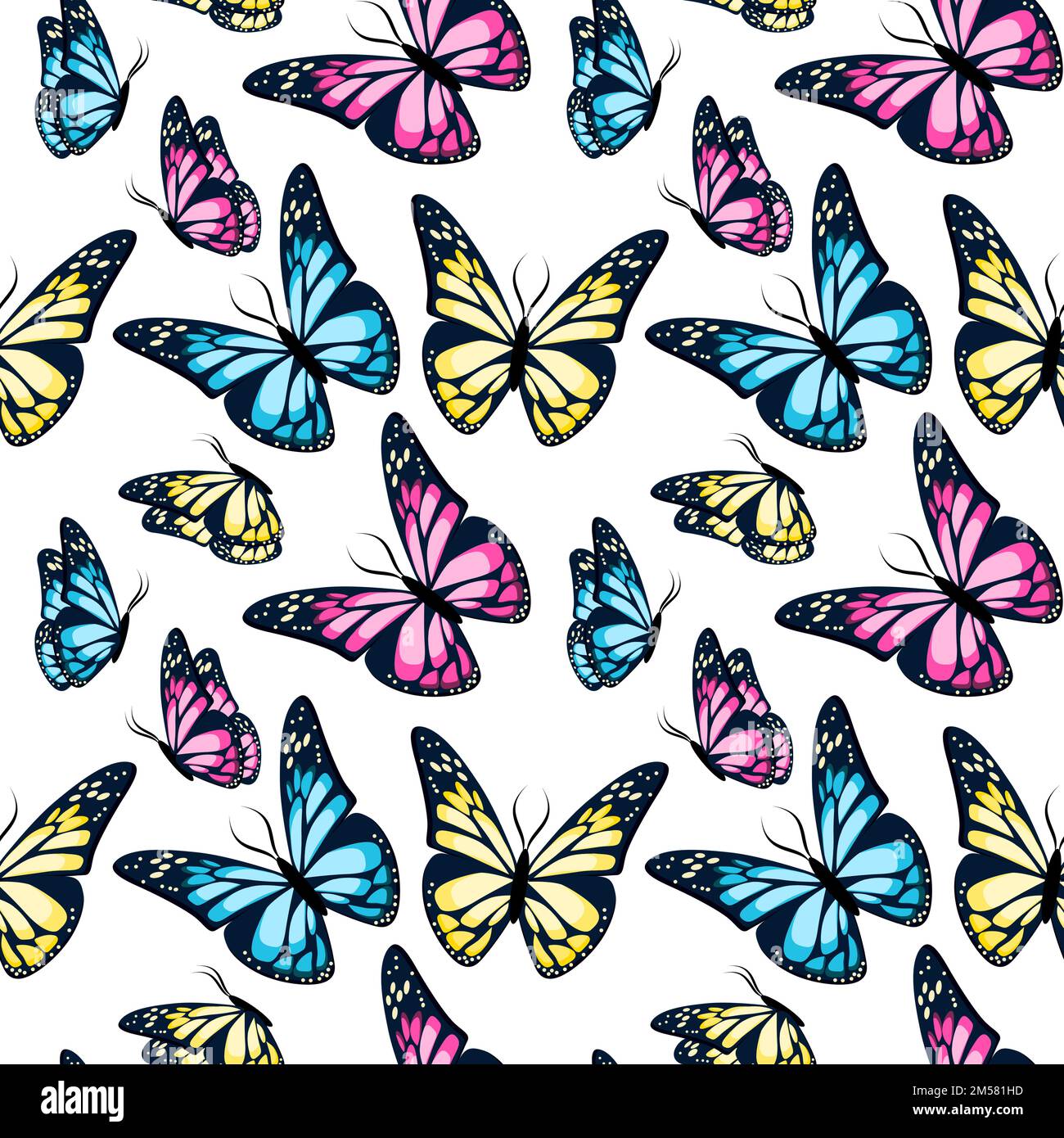 Bright colorful flying butterflies seamless pattern on white background ...