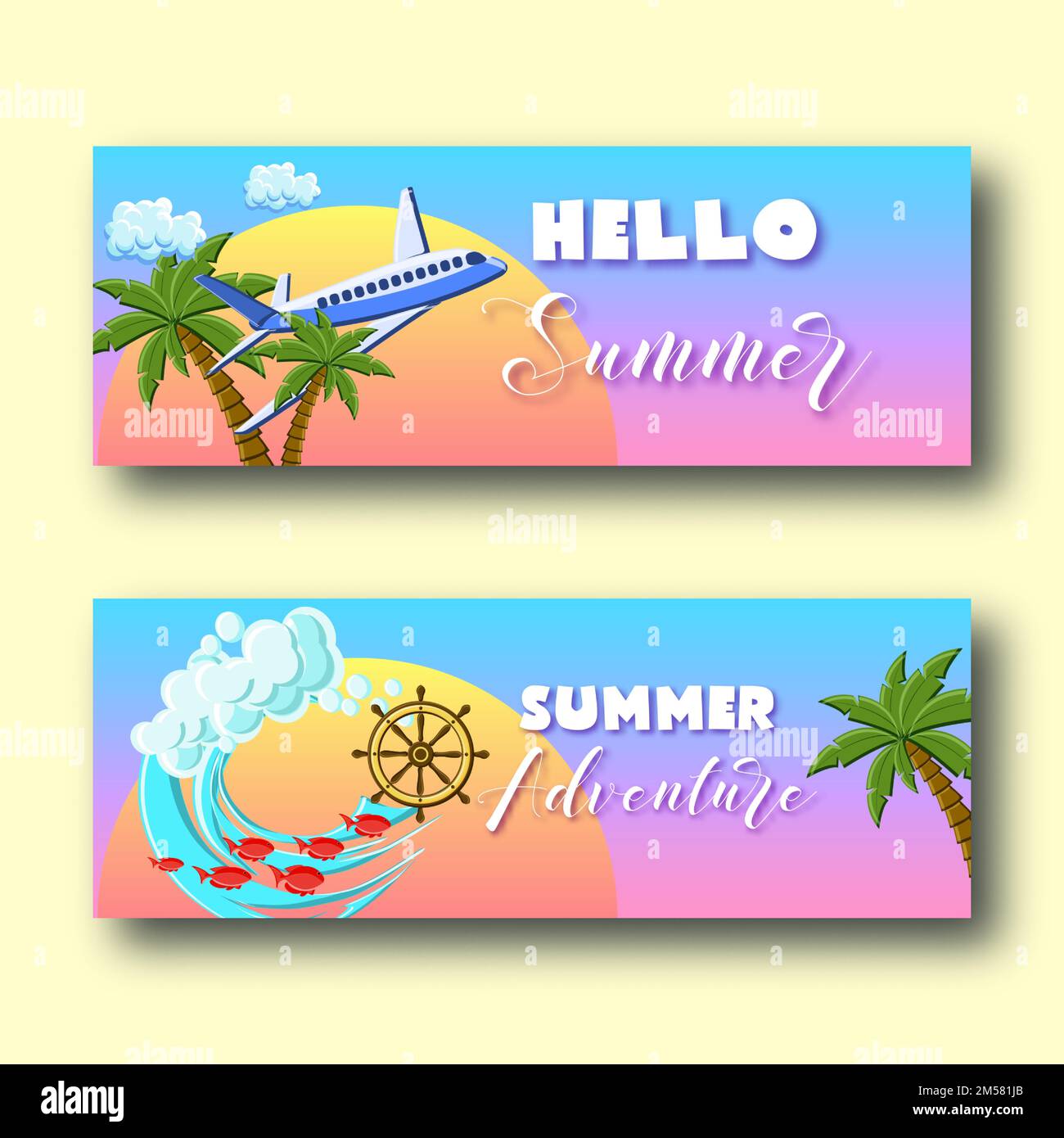 Summer holiday banners set template with palm trees, airplane, ocean ...