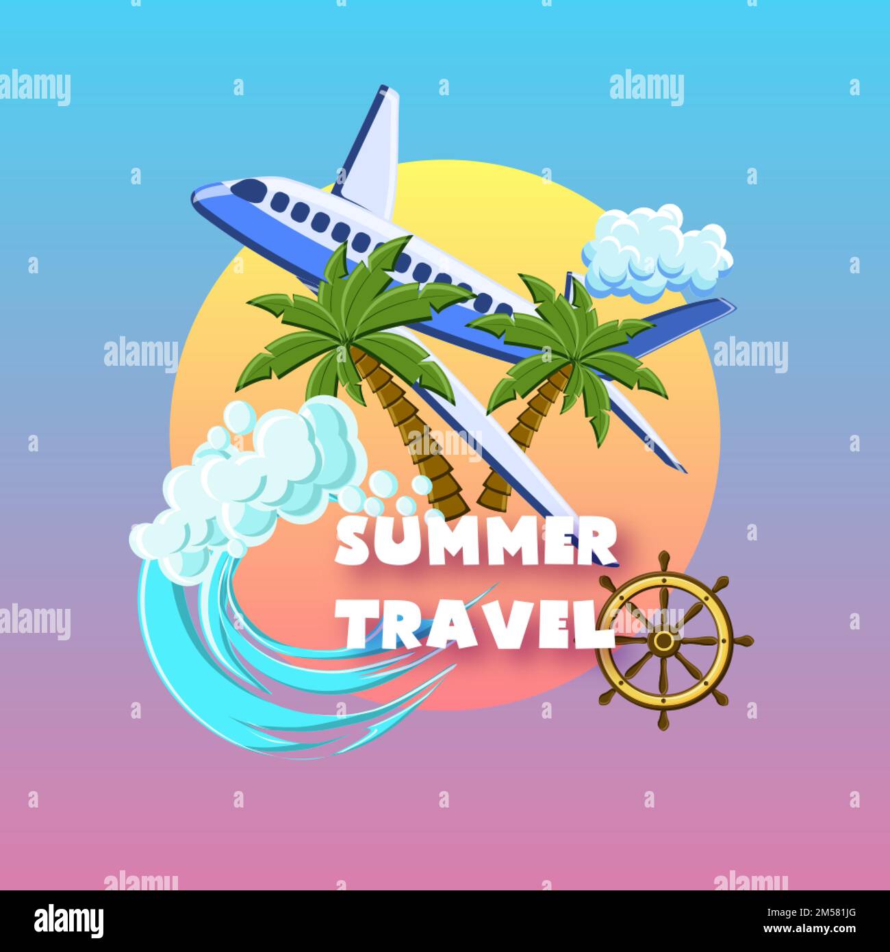 Summer travel poster template with palm trees, airplane, ocean waves ...