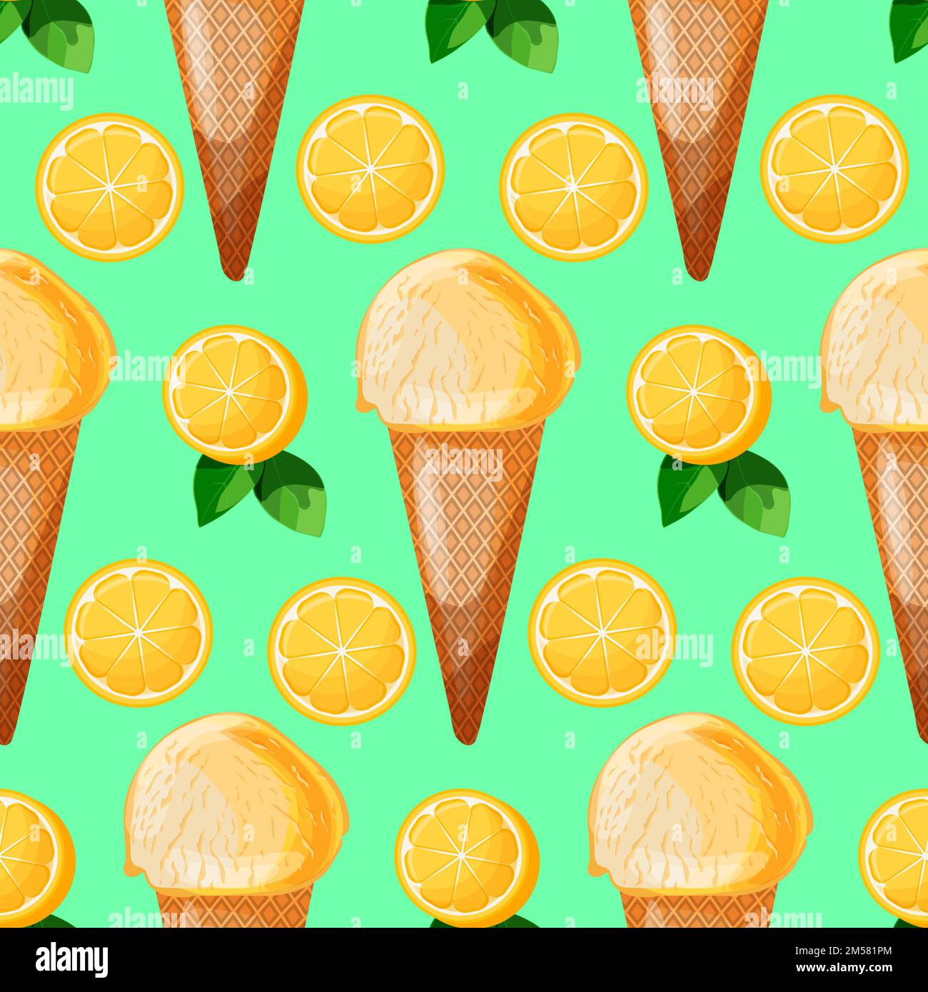 Lemon mint ice cream cone seamless patterns with lemon slices and green leaves on green ...