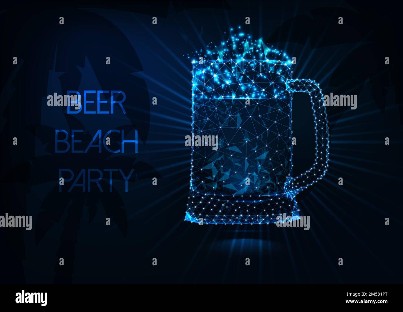 Beer beach party concept with glowing low polygonal beer glass mug ...